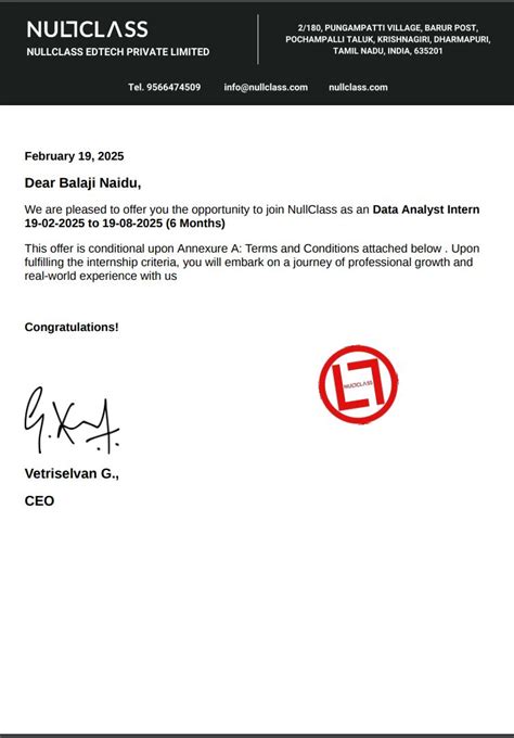 Balaji Naidu On Linkedin Final Offer Letter For Data Analyst At Nullclass 💥