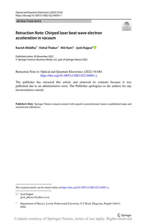 Retraction Note Chirped Laser Beat Wave Electron Acceleration In Vacuum Request Pdf