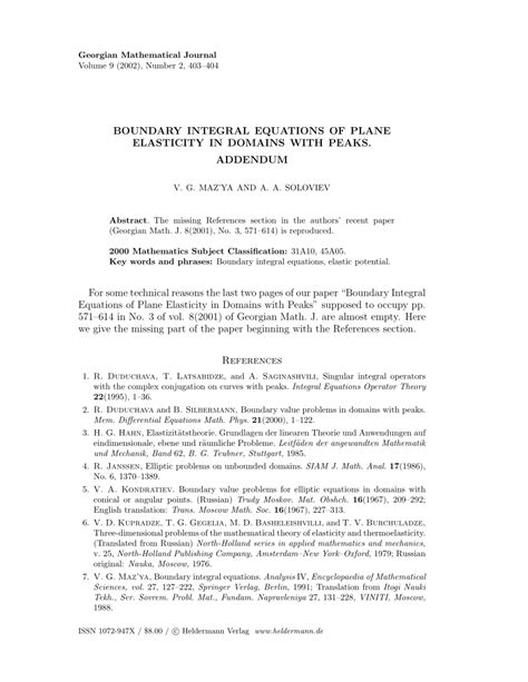 Pdf Boundary Integral Equations Of Plane Elasticity In Domains With Peaks