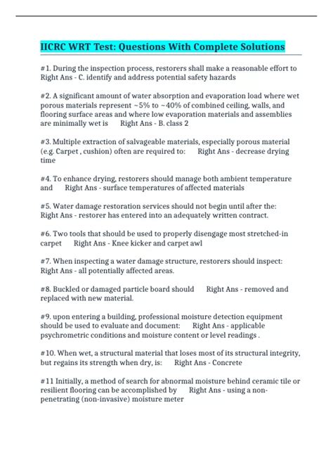 Iicrc Wrt Test Questions With Complete Solutions Iicrc Wrt