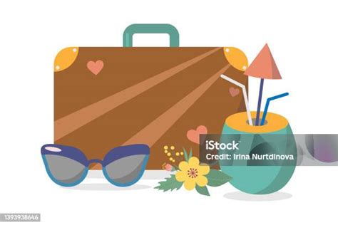 여행 가방 코코넛 선글라스 꽃으로 휴가를 위해 설정된 일러스트 레이 션 갈매기에 대한 스톡 벡터 아트 및 기타 이미지 갈매기