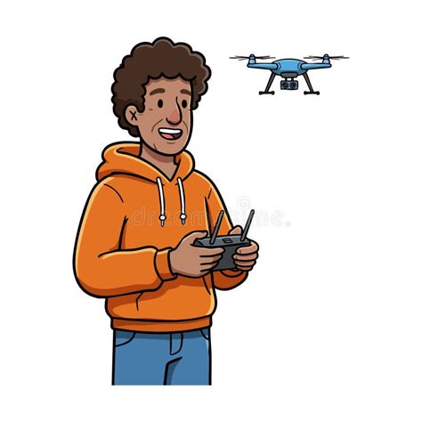 Man In Orange Hoodie Flying Blue Drone With Remote Controller Vector