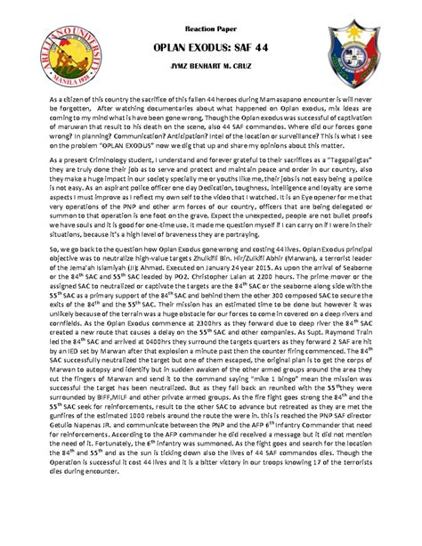 Saf 44 Reaction Paper Reaction Paper Oplan Exodus Saf 44 Jymz Benhart M Cruz As A Citizen Of