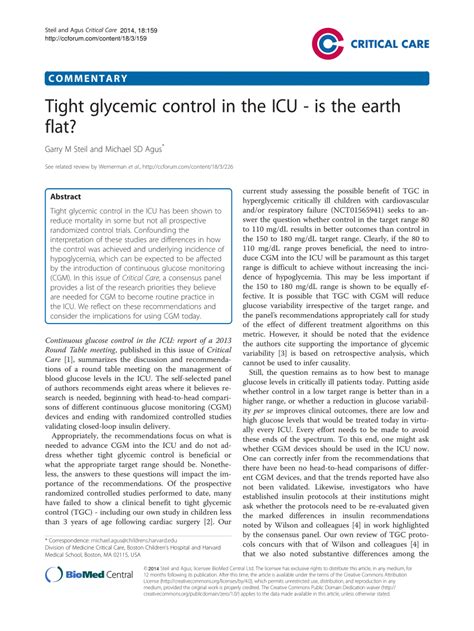 Pdf Tight Glycemic Control In The Icu Is The Earth Flat