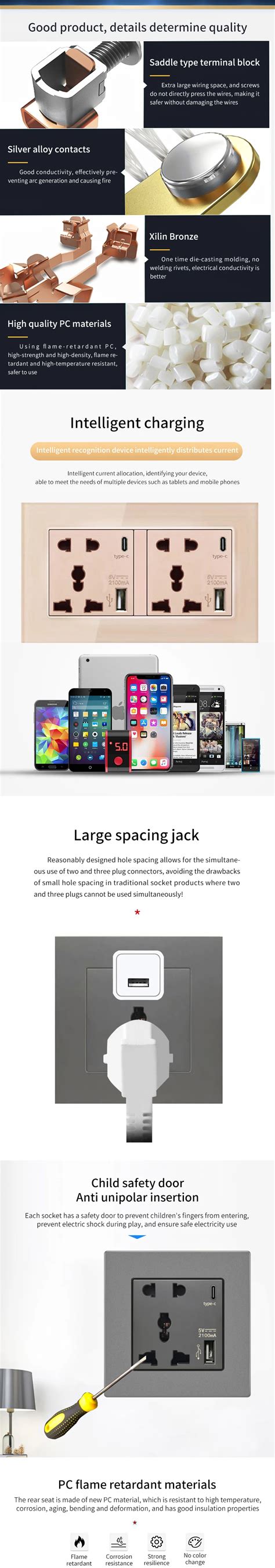 High Quality Universal Socket Switch Type C USB Socket Modern 13A Single Multiple Color