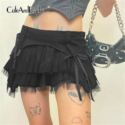 Cuteandpsycho 로우 웨이스트 메쉬 패치워크 미니 스커트 레트로 솔리드 루치드 보우 스웨트웨어 의상 귀여운 블랙 짧은 스커트 Y2k 패션 위시버킷