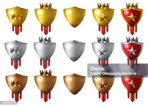 3d 실버 브론즈 골드 방패 세트 현실적인 레벨 업 게임 배지 금속 트로피 렌더링 상 키트 3위에 대한 스톡 사진 및 기타