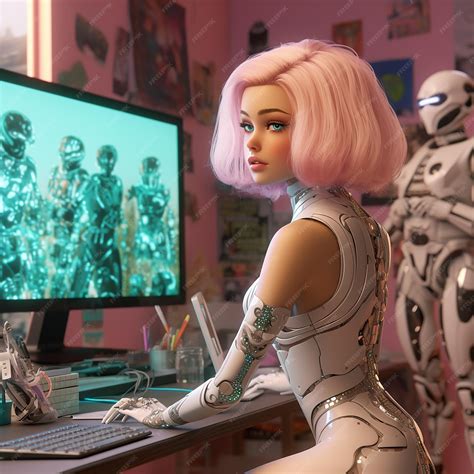 Premium Photo Robot Barbie Sitting In Front Of Computer Monitor