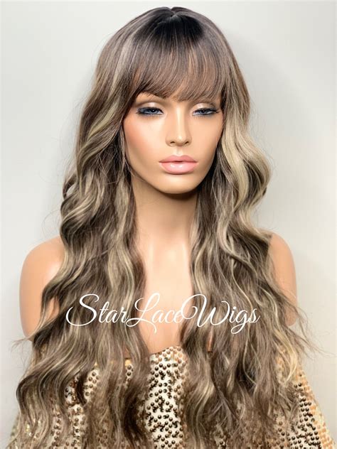 Long Brown Wavy Wig With Bangs Blonde Highlights Center Part Synthetic