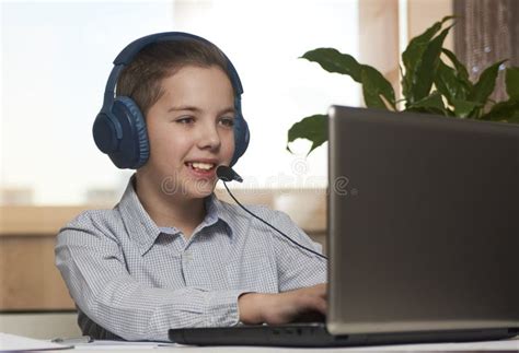 Teenage Boy Enjoy E Learning On Computer Notebook Stock Image Image