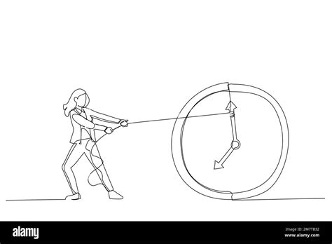 drawing of businesswoman trying to slow down and stop time stopping