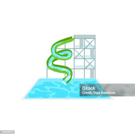 흰색 배경에 고립 된 아쿠아 파크에서 높은 녹색 나선형 플라스틱 워터 슬라이드 워터 슬라이드에 대한 스톡 벡터 아트 및 기타