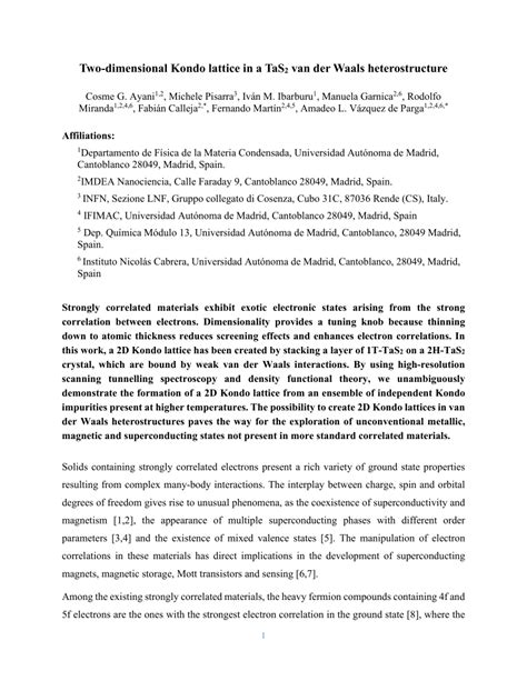 Pdf Two Dimensional Kondo Lattice In A Tas2 Van Der Waals Heterostructure