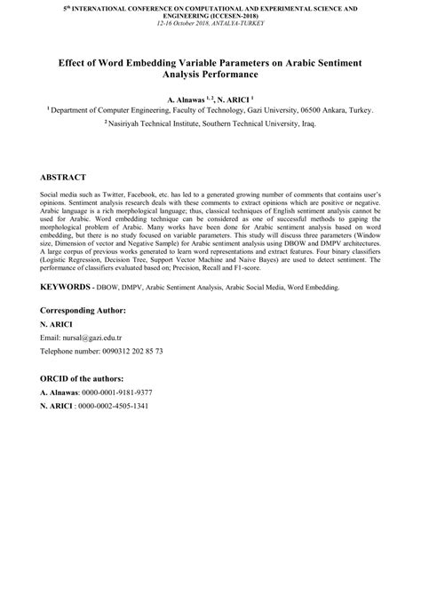 (PDF) Effect of Word Embedding Variable Parameters on Arabic Sentiment Analysis Performance