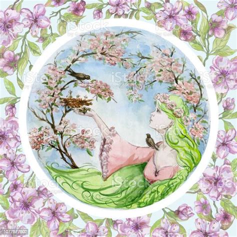 긴 녹색 머리를 가진 아름 다운 젊은 여자는 꽃에서 봄 나무에 둥지에서 떨어진 아기 새를 저장 합니다 계절 수채화 그림입니다 손으로 그린 이미지 3월에 대한 스톡 벡터 아트