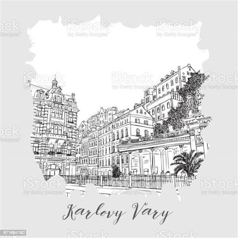 휴가의 손으로 그린 시리즈 초대장 카드 또는 전단지 붓글씨 시 쓰기와 여행 카를로비 바리 체코 공화국 잉크 및 페인트 수채화 모방 와 그런 지 프레임 건축에 대한 스톡 벡터