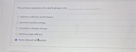 Solved The Primary Purpose Of A Work Group Is To Improve