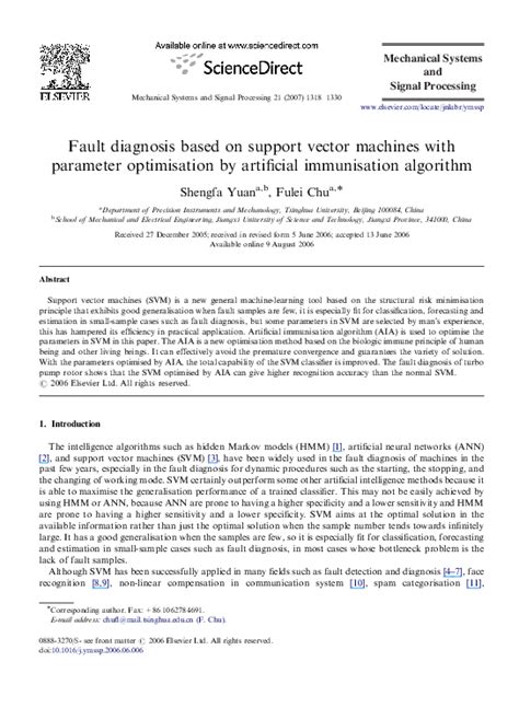 Pdf Fault Diagnosis Based On Support Vector Machines With Parameter Optimisation By Artificial