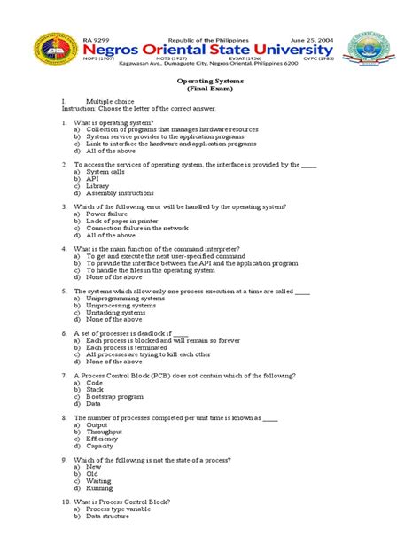 Operating Systems Final Exam Pdf Operating System Process