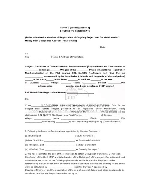 Rera Form 2 Engineers Certificate Pdf Cost