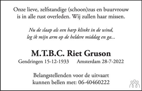 Mibc Riet Gruson 28 07 2022 Overlijdensbericht En Condoleances Mensenlinqnl