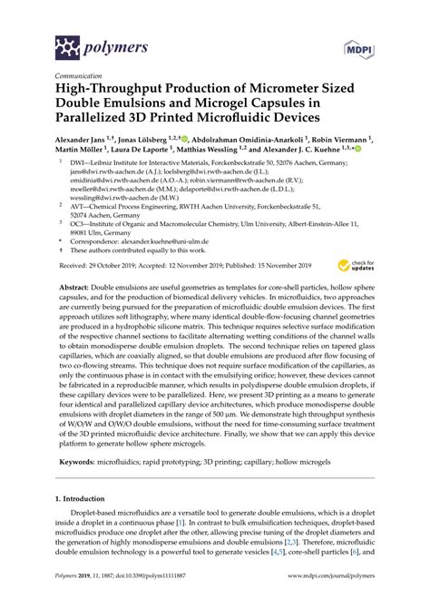 Pdf High Throughput Production Of Micrometer Sized Double Emulsions And Microgel Capsules In