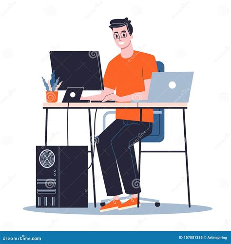 Young Male Sysadmin Man Working On Computer Stock Vector Illustration Of Administration