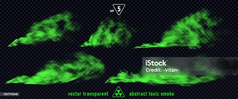녹색 연기 세트 5 투명 한 배경에 격리 매직 미스트 구름 화학 독성 가스 증기 파 녹색 나쁜 냄새의 현실적인 세트 사실적인