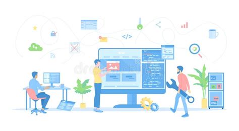 Team of Web Developers Working on Computer, Building Site, Programming Code. Website Development ...