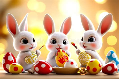 3 Cute Easter Bunnies Painting Eggs Happy Vivid Stock Illustration