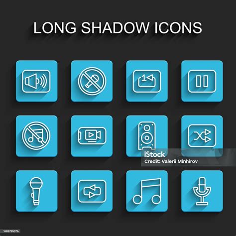 라인 마이크 반복 버튼 스피커 볼륨 음표 톤 온라인 재생 비디오 화살표 셔플 및 스테레오 스피커 아이콘을 설정합니다 벡터 Mp3