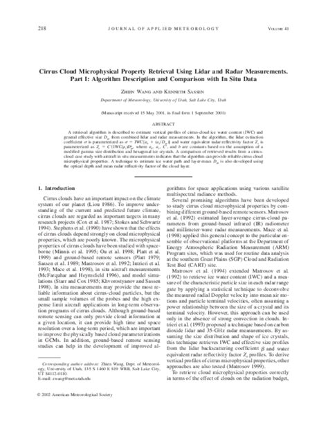 Pdf Cirrus Cloud Microphysical Property Retrieval Using Lidar And Radar Measurements Part I
