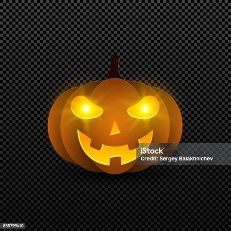 할로윈 호박 빛나는 눈을 가진 오렌지 색상의 만화 어둠 속에서 노란 눈 노을 투명 한 배경에 고립 즐거운 할로윈 보내세요 벡터 일러스트 레이 션 10월에 대한 스톡 벡터