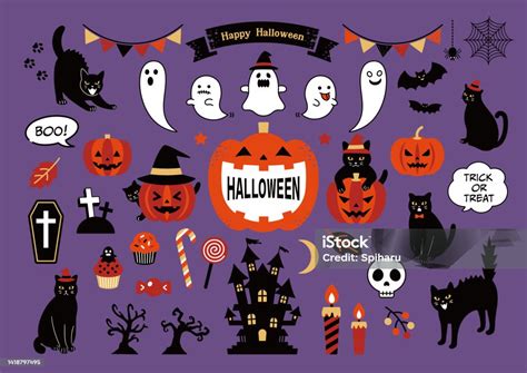 검은 고양이와 할로윈 일러스트 세트 스톡 일러스트레이션 할로윈 만화 일러스트 레이 션 몬스터 가상의 캐릭터 유령 모자 모자류에