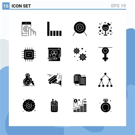 Pictogram Set Of 16 Simple Solid Glyphs Of Microchip Wine Archery Romantic Love Editable Vector