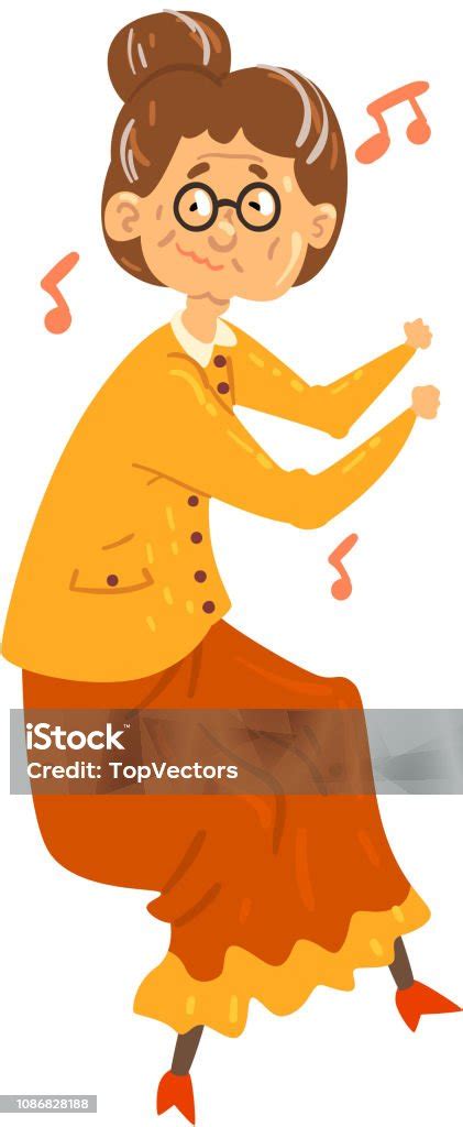 음악을 듣고 춤 재미 노인 여자 만화 캐릭터는 활동적인 라이프 스타일 흰색 배경에 사회 개념 벡터 일러스트 레이 션을 선도 하는 데 할머니 고위 여자 귀여운에 대한 스톡