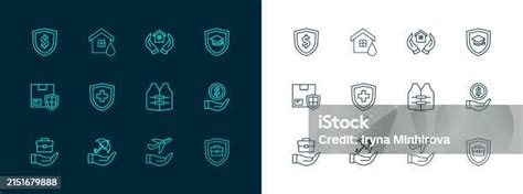 방패가 달린 졸업 모자 손에 우산 구명 조끼 비행기 보험 집 방패 달러 홍수 아이콘이 있습니다 벡터 가방에 대한 스톡 벡터 아트 및 기타 이미지 Istock