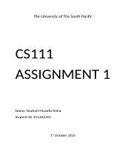 CS111 ASSIGNMENT Docx The University Of The South Pacific CS111 ASSIGNMENT 1 Name Nadirah