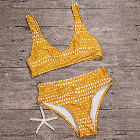 2018 New High Quality Yellow Color Printed Tankini Swimsuit Bathing
