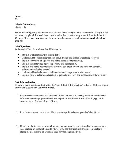 1122 Lab 4 Questions Name Ta Lab 4 Groundwater Geol 1122