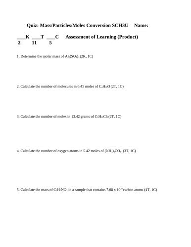 Moles Chemistry Quiz Mass Molecule Mole Quiz Grade 11 Chemistry W