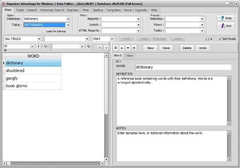 Free Dictionary Simple Database Template For Organizer Advantage