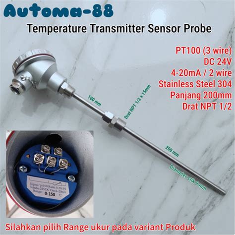 Jual Temperature Transmitter Sensor Pt100 4 20ma 24v Npt 12 200mm