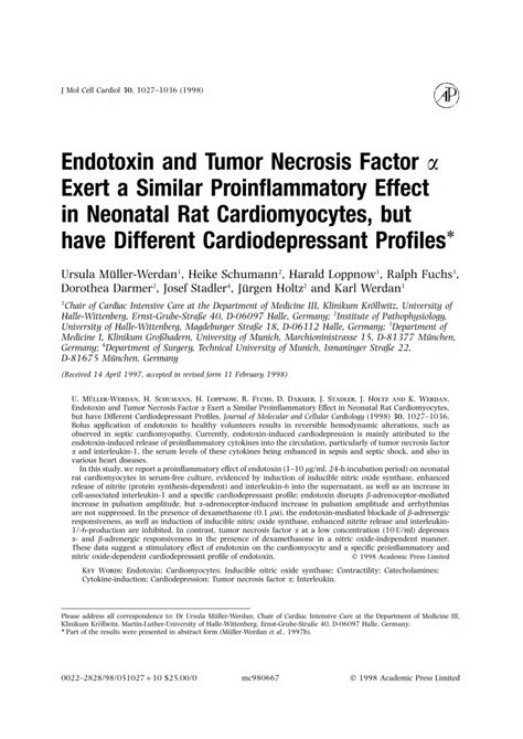 Pdf Endotoxin And Tumor Necrosis Factorαexert A Similar