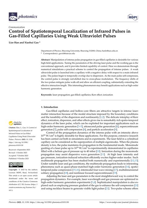 Pdf Control Of Spatiotemporal Localization Of Infrared Pulses In Gas Filled Capillaries Using