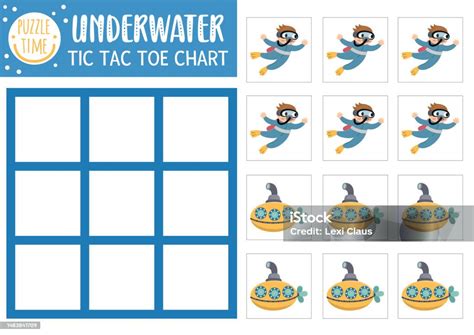 다이버와 잠수함이 있는 바다 Tic Tac Toe 차트 아래의 벡터 귀여운 캐릭터가 있는 해양 생물 보드 게임 경기장 재미있는 해양 인쇄 가능한 워크시트입니다 Noughts