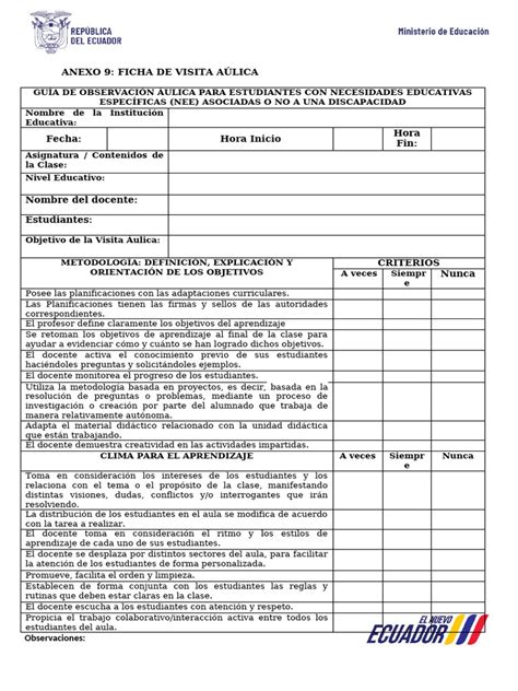 Anexo 9 Ficha De Visita Aúlica Pdf Maestros Aprendizaje