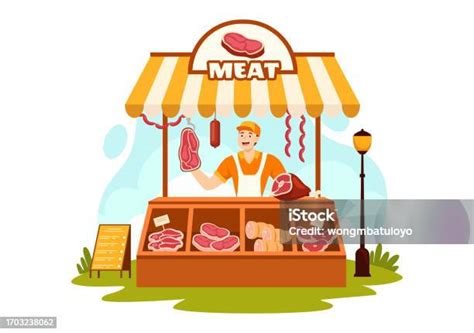고기 가게 또는 시장 평면 만화 배경 디자인에 다양한 신선한 고기 제품과 쇠고기 돼지고기 치킨 소시지가 있는 벡터 일러스트레이션 가금류에 대한 스톡 벡터 아트 및 기타