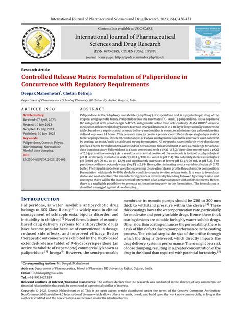 Pdf Controlled Release Matrix Formulation Of Paliperidone In Concurrence With Regulatory