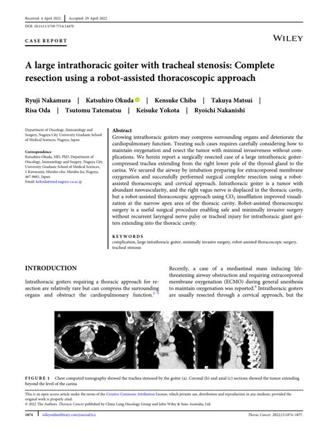 Pdf A Large Intrathoracic Goiter With Tracheal Stenosis Complete Resection Using A Robot